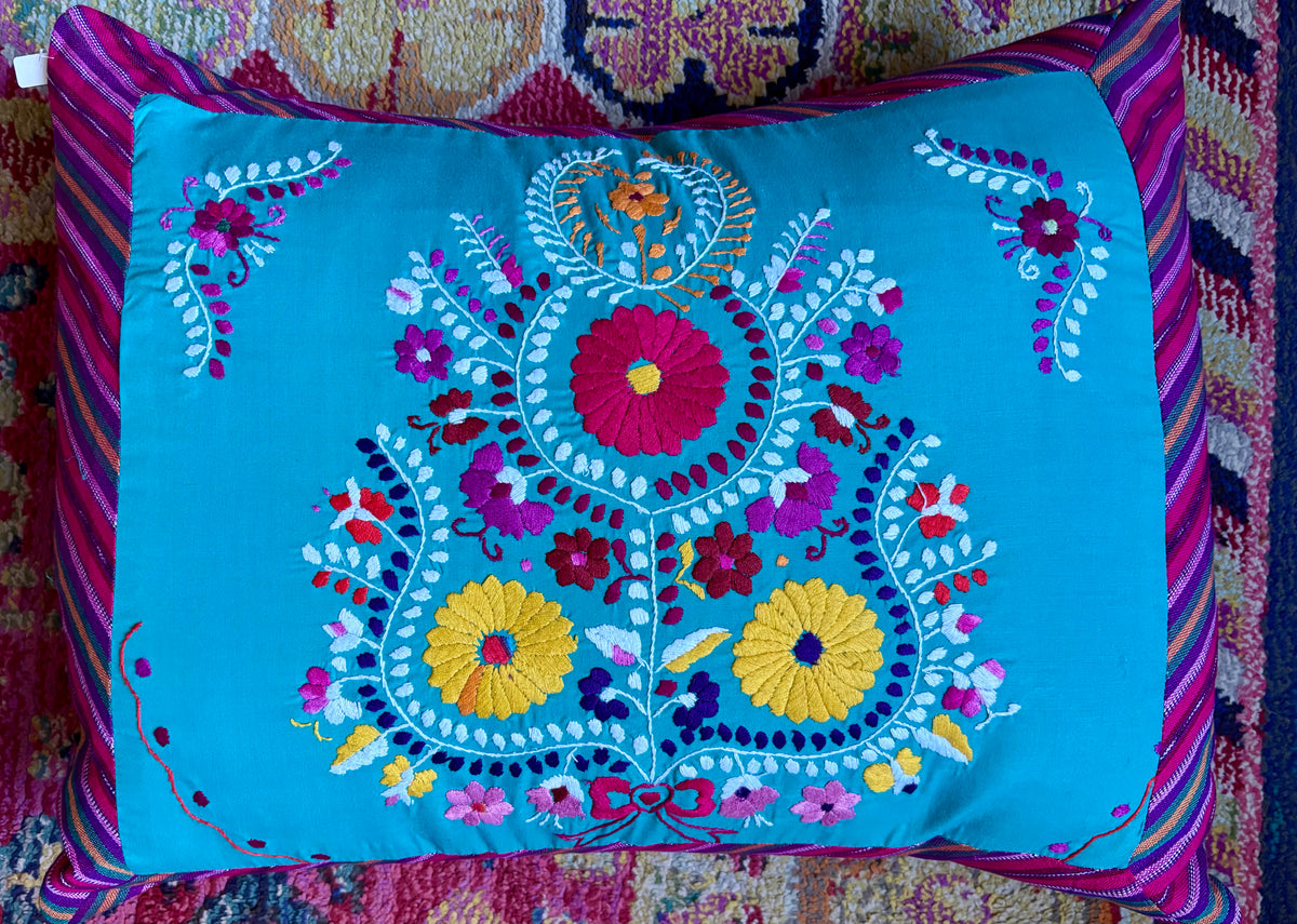Bird and Pear Pillow Mexican Dress Boudoir Aqua Serape Pillow